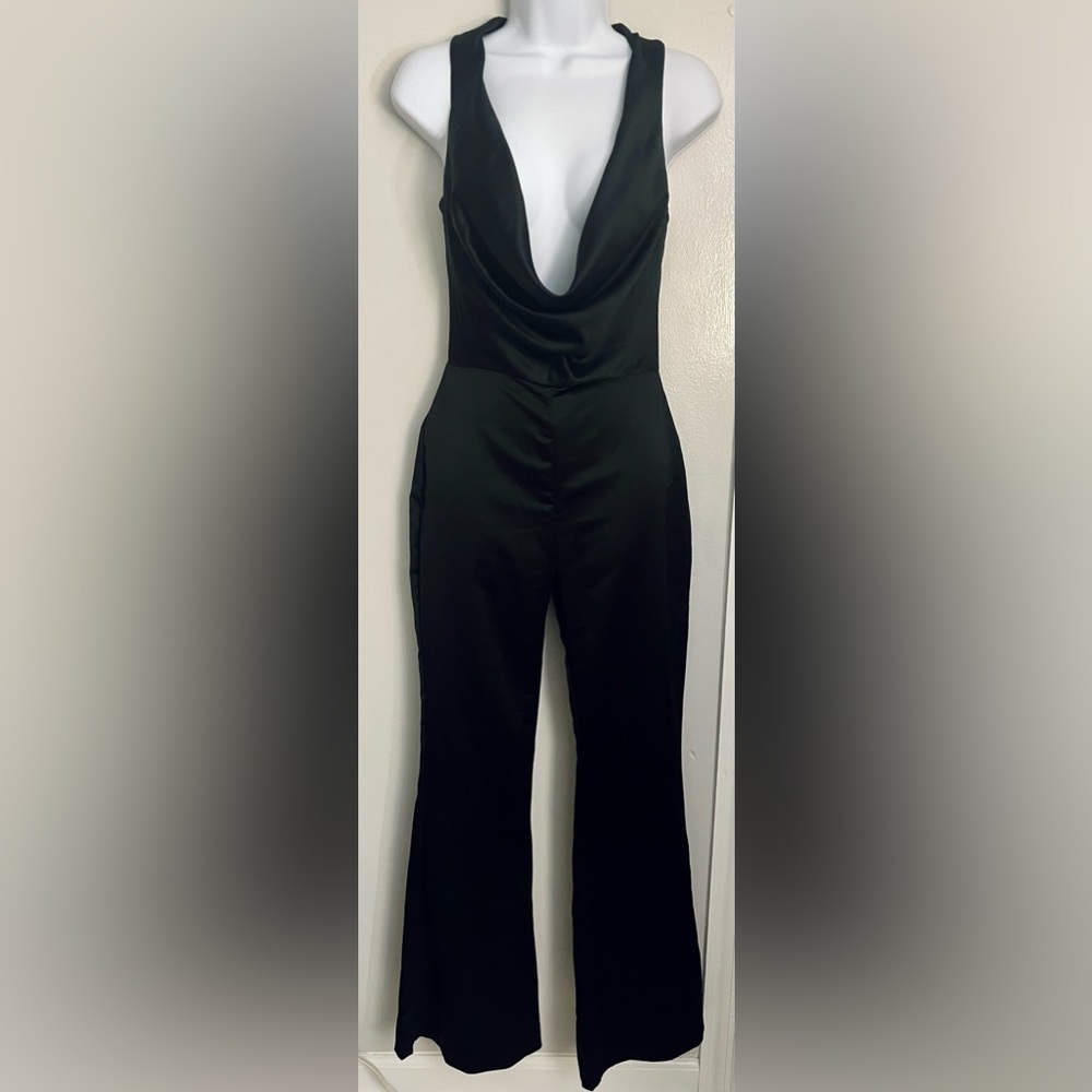 Black Satin Plunge Cowl Jumpsuit - Gem